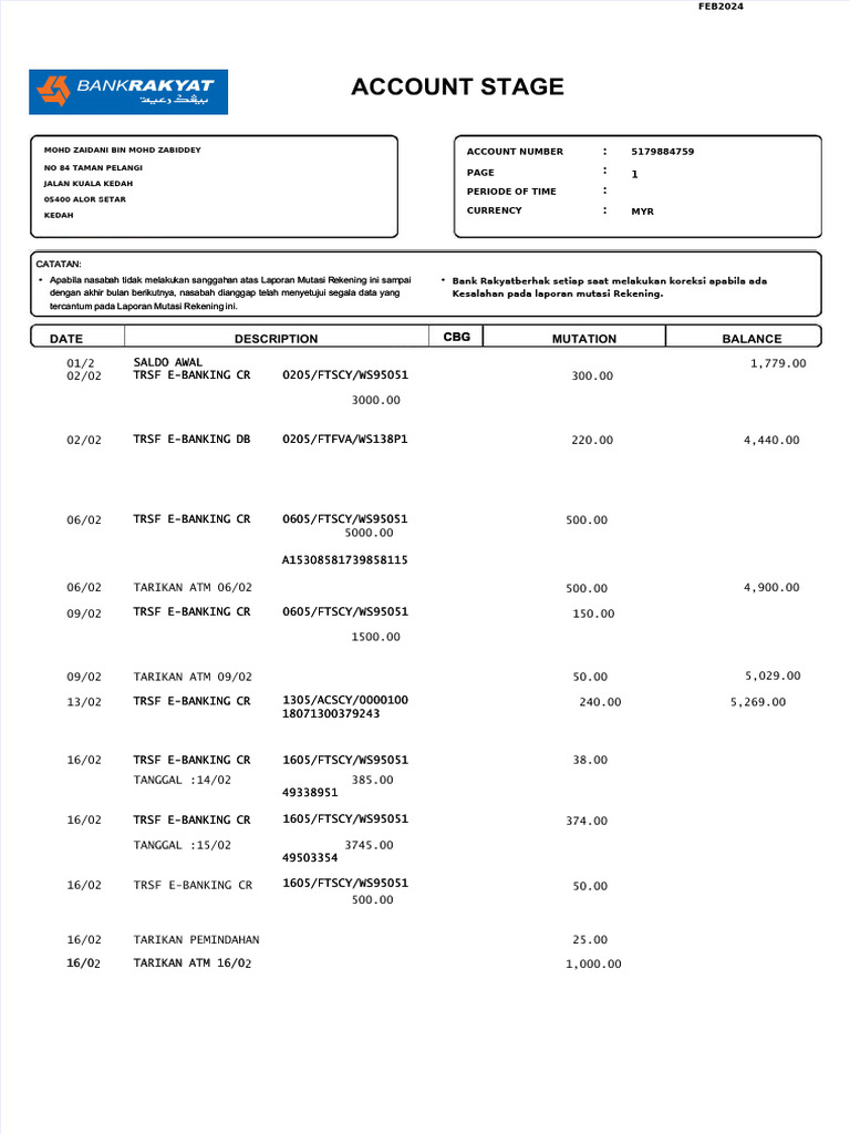 Bank Rakyat Statement | PDF