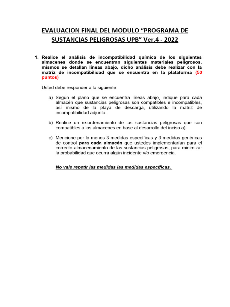 EVALUACION FINAL DEL MODULO - PROGRAMA DE MATERIALES PELIGROSOS UPB Ver.4-2022 | PDF | Ácido ...