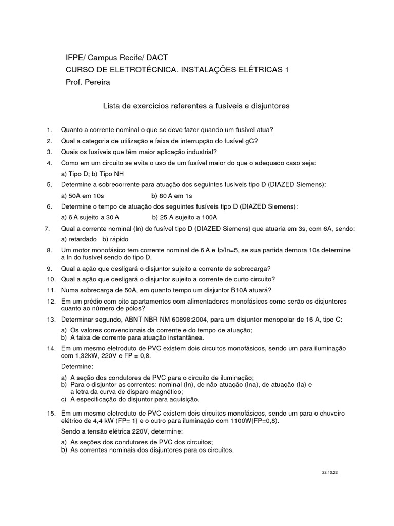 472878-Exercicios Sobre Fusã Veis e Disjuntores | PDF