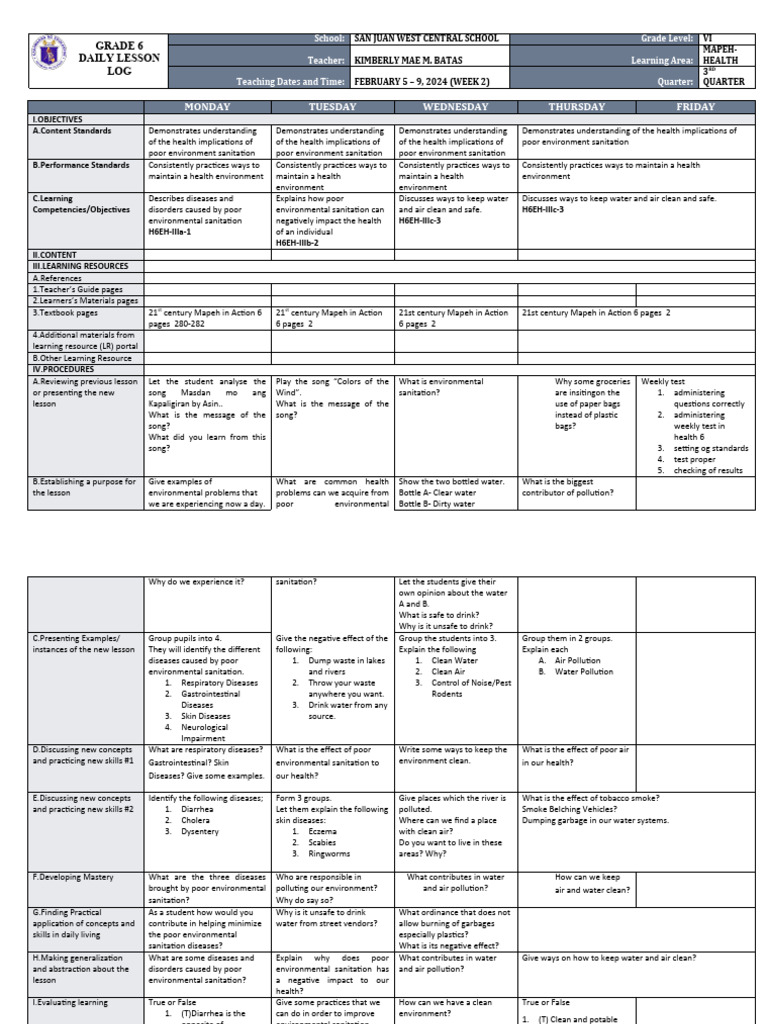 DLL_MAPEH-HEALTH 6_Q3_W2 | PDF | Sanitation | Pollution DLL_MAPEH-HEALTH 6_Q3_W2 | PDF | Sanitation | Pollution