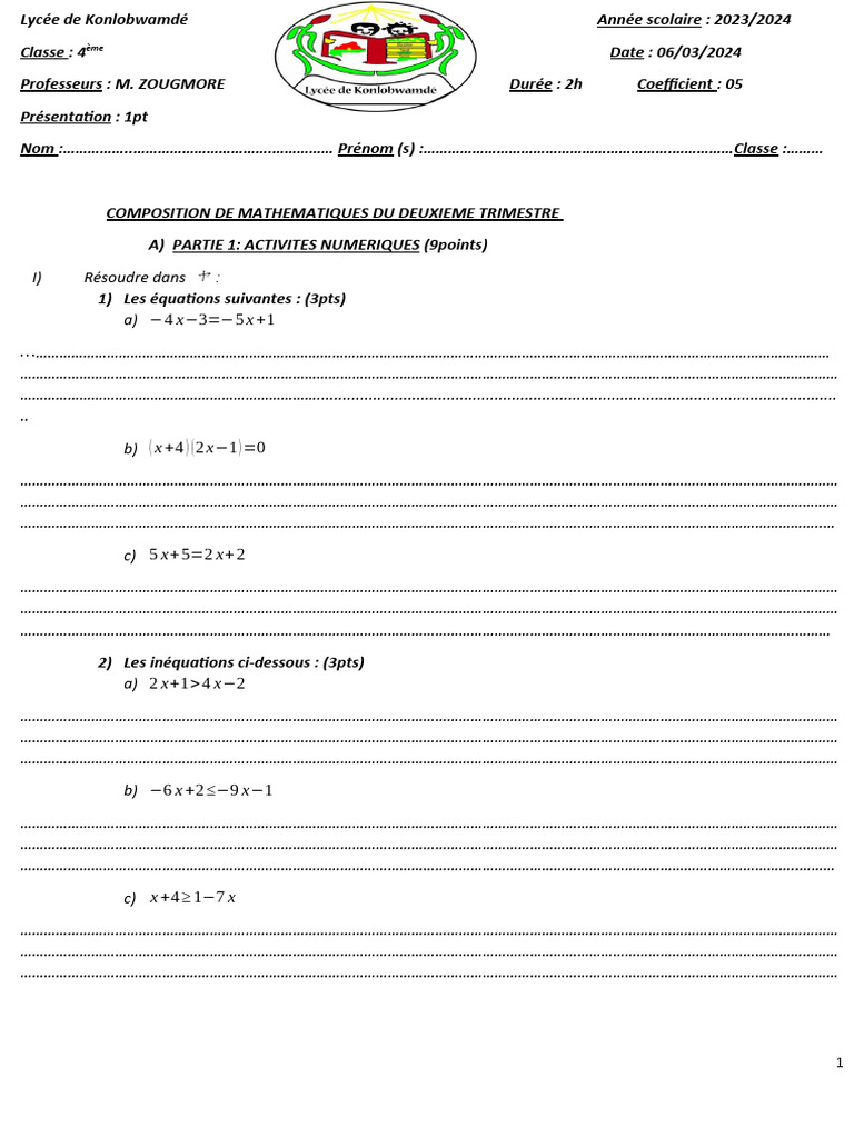 Composition de Maths 4ème Du 2ème Trimestre de Konlobwamdé 2024. | PDF