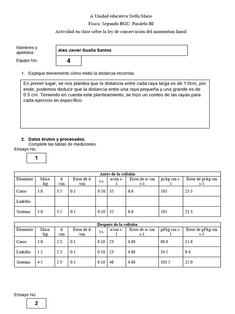 Actividad - en - Clase - Sobre - Conservacion - Del - Momentum Alex Guaña | PDF | Impulso ...