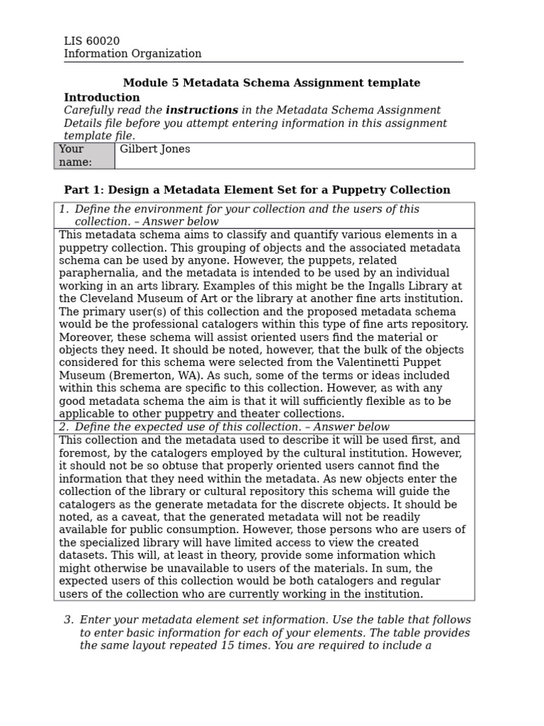 Module 5 Metadata Schema Assignment Template | PDF | Metadata | Puppetry