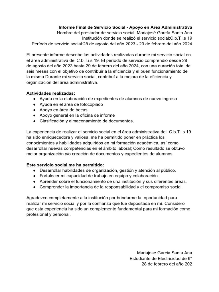 Informe Final Del Servicio Social | PDF