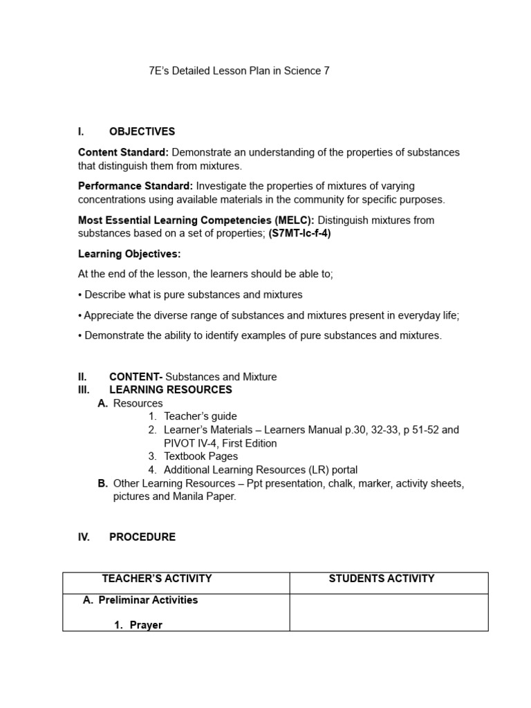 2 7E Lesson Plan | Download Free PDF | Chemistry | Mixture
