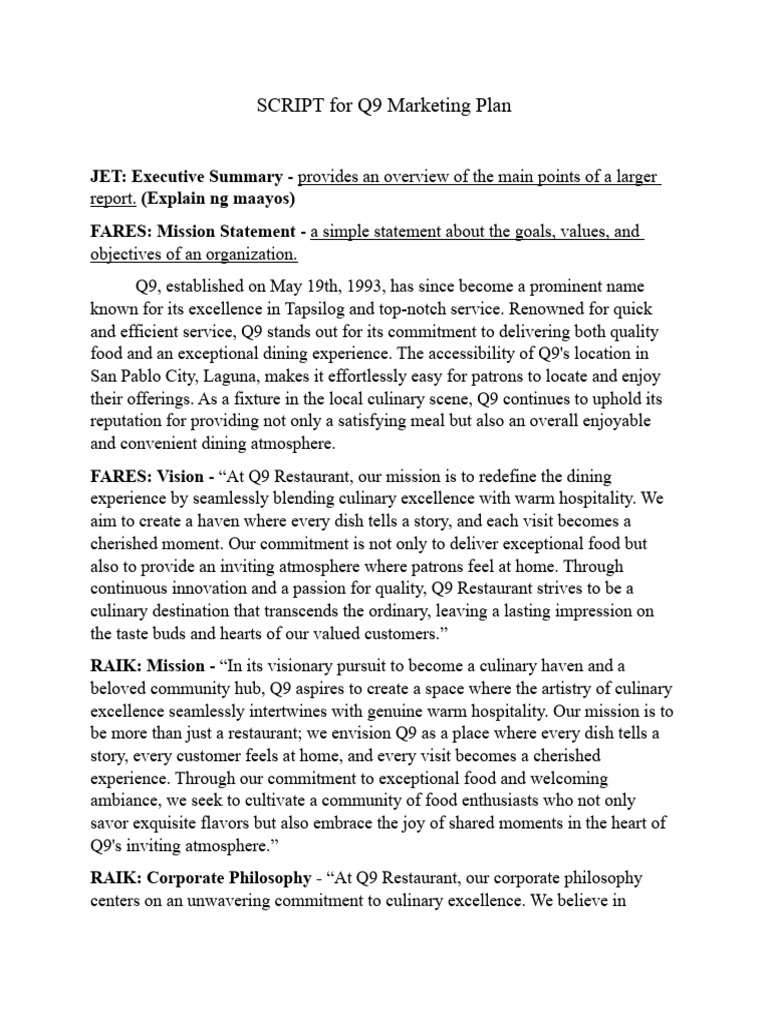 SCRIPT For Q9 Marketing Plan | PDF | Market Segmentation | Restaurants