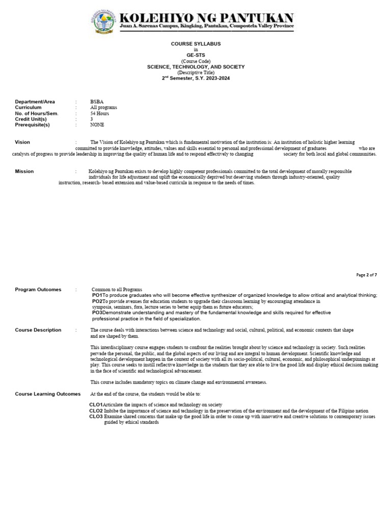 STS Course Syllabus | PDF | Learning | Curriculum