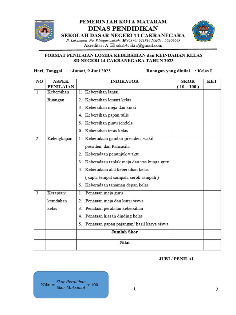 FORMAT PENILAIAN LOMBA KEBERSIHAN Dan KEINDAHAN KELAS | PDF