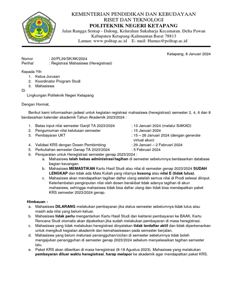 Surat Edaran Heregistrasi 2023 Genap | PDF