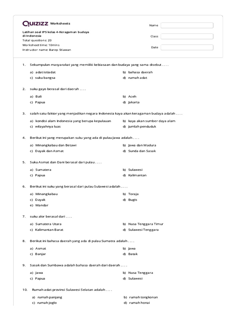 Latihan Soal IPS Kelas 4-Keragaman Budaya Di Indonesia | PDF