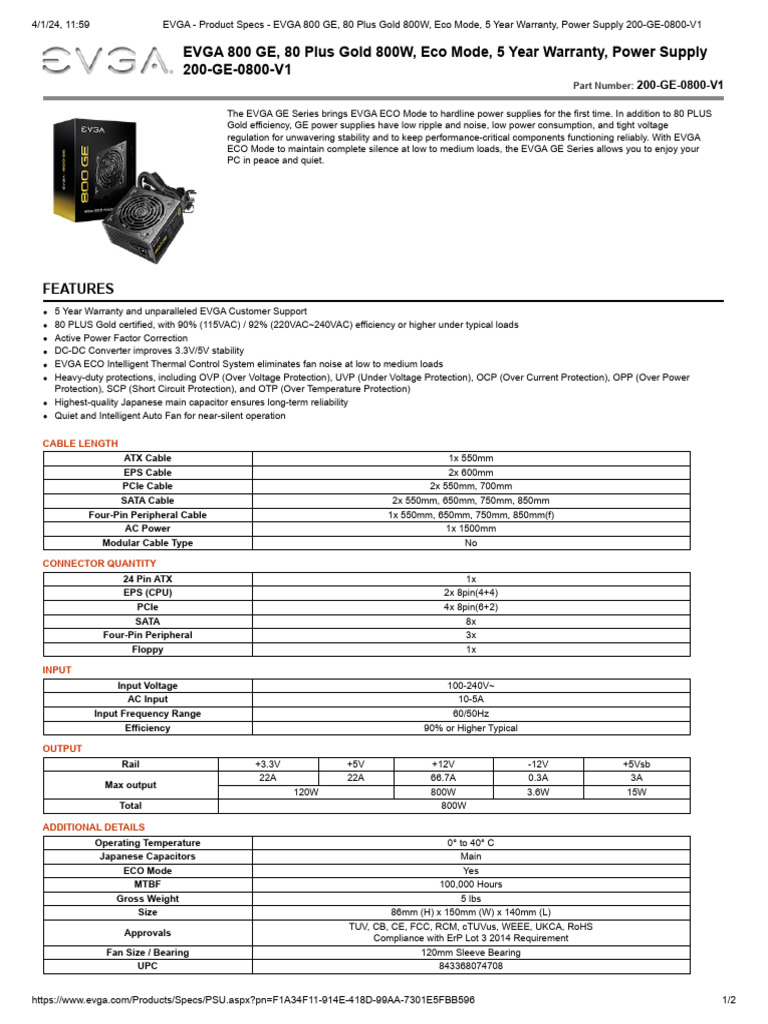 EVGA - Product Specs - EVGA 800 GE, 80 Plus Gold 800W, Eco Mode, 5 Year ...