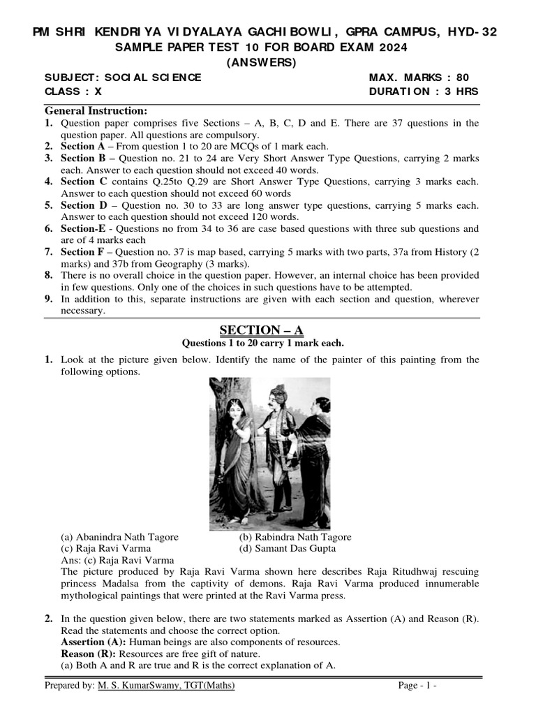 Social Science Class X Sample Paper Test 10 For Board Exam 2024 Answers ...