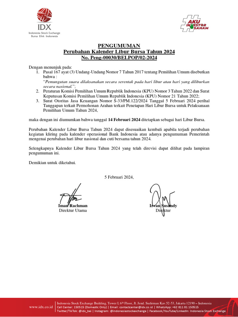 Peng - 00030 Perubahan Kalender Libur Bursa Tahun 2024 | PDF