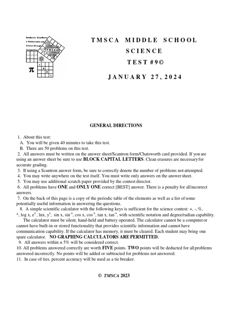TMSCA Middle School Science Test #9 | PDF