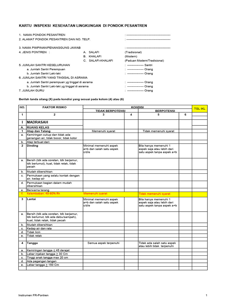Kartu Inspeksi Kesling Pontren Rev | PDF