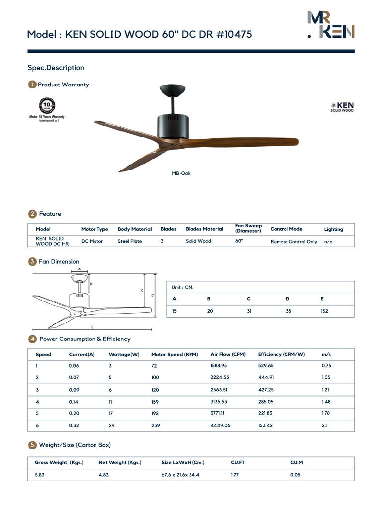 60" Solid Wood Ceiling Fan Specs | PDF