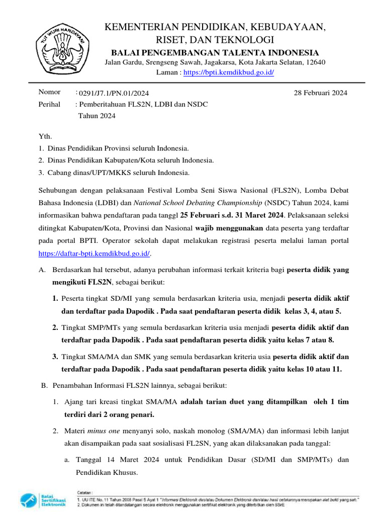 Pendaftaran FLS2N, LDBI, dan NSDC 2024 | PDF