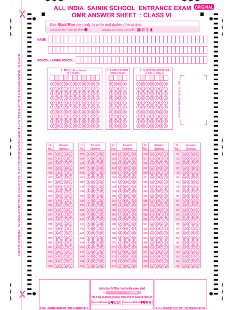 OMR Sheet Sainik School | PDF