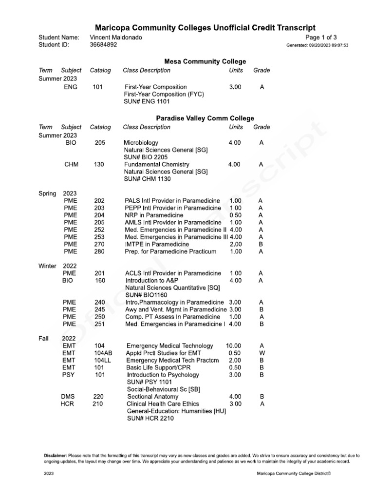 Unofficial Transcript - Maricopa Community College District | PDF