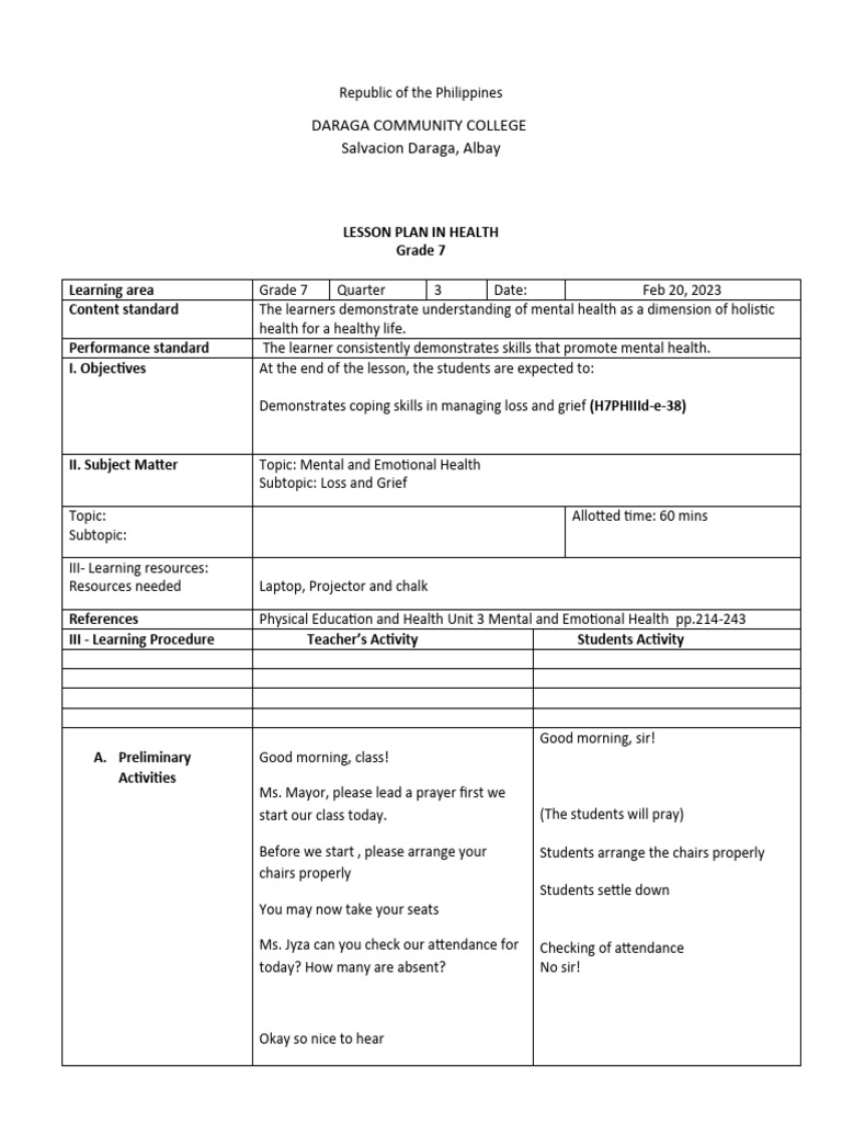DETAILED LESSON PLAN IN Health Complete | PDF | Grief | Behavioural Sciences