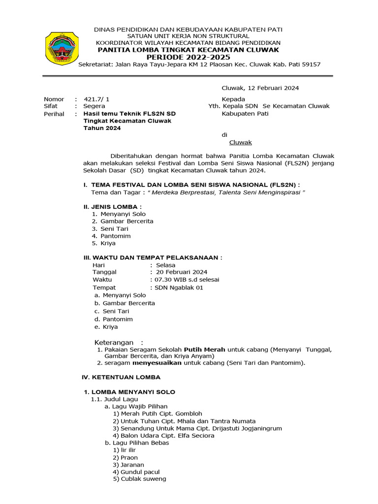 Surat Edaran Hasil TM FLS2N Kec. Cluwak Tahun 2024 | PDF