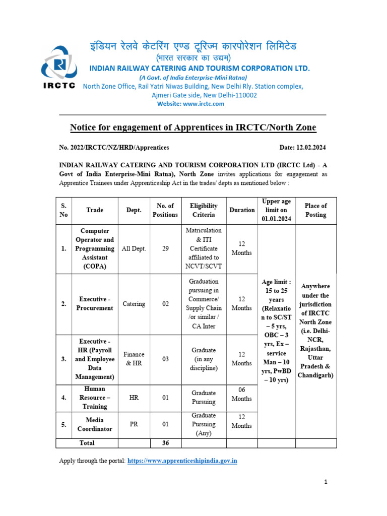 Notification-IRCTC-Computer-Operator-Posts | PDF