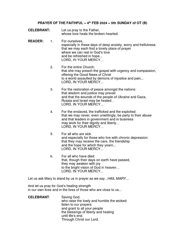 Bidding Prayers 5 Sun Ot | PDF | Prayer | Mercy