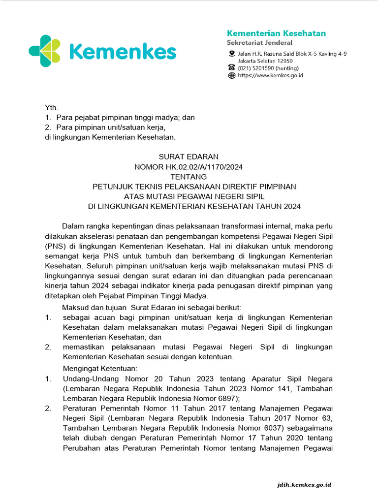 SE No. HK.02.02-A-1170-2024 TTG Juknis Pelaksanaan Direktif Pimpinan Atas Mutasi PNS Kemenkes TH ...