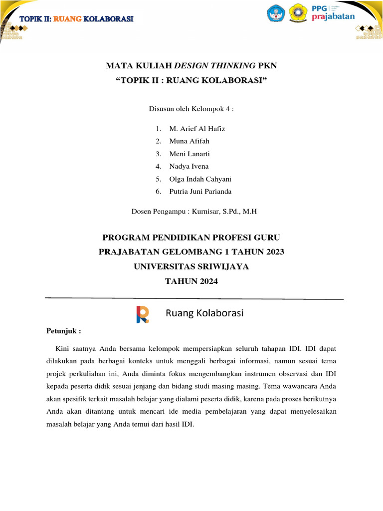 DESIGN THINKING TOPIK 2 - Ruang Kolaborasi - Kelompok 4 | PDF | Karier & Perkembangan