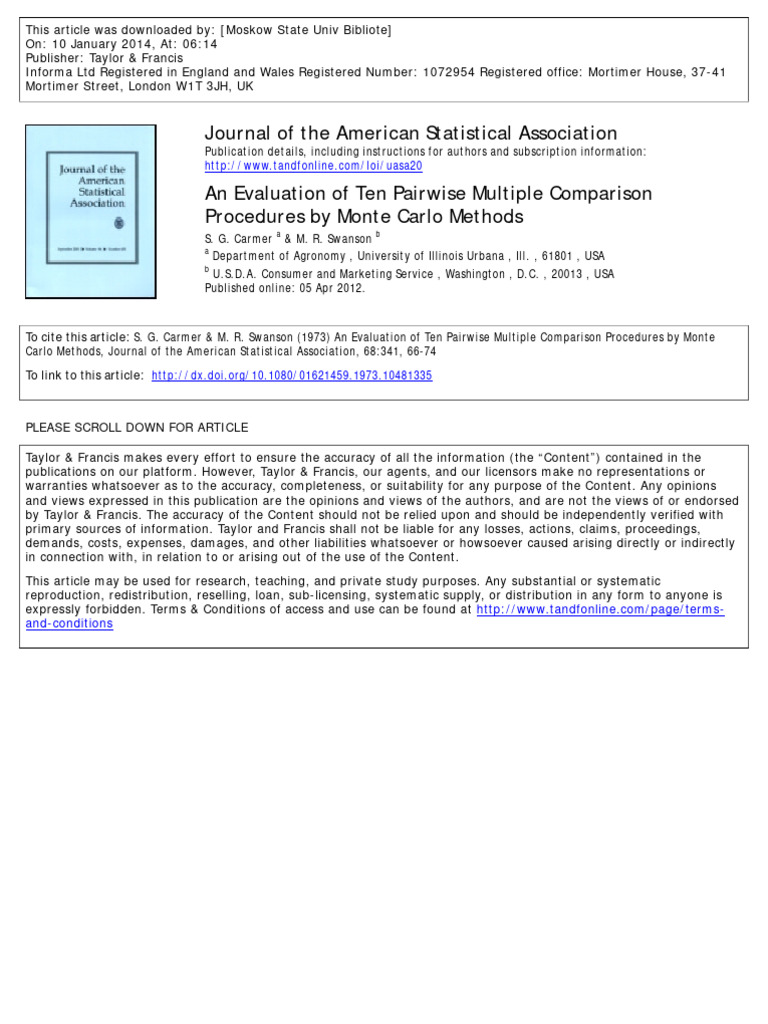 Carmer and Swanson 1973 An Evaluation of Ten Pairwise Multiple Comparison Procedures by Monte ...