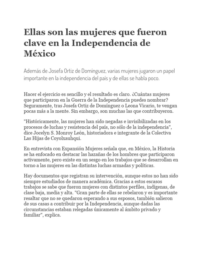 Ellas Son Las Mujeres Que Fueron Clave en La Independencia de México | PDF | Política | Historia