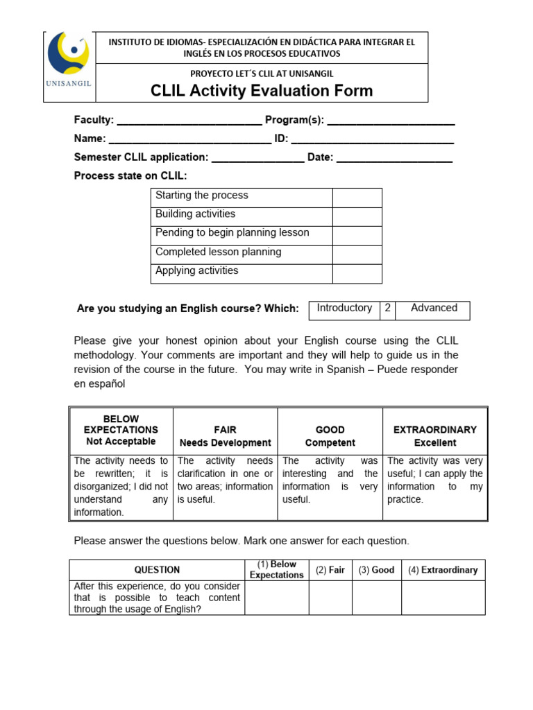CLIL Activity Evaluation Form For Teacher | PDF | English Language ...