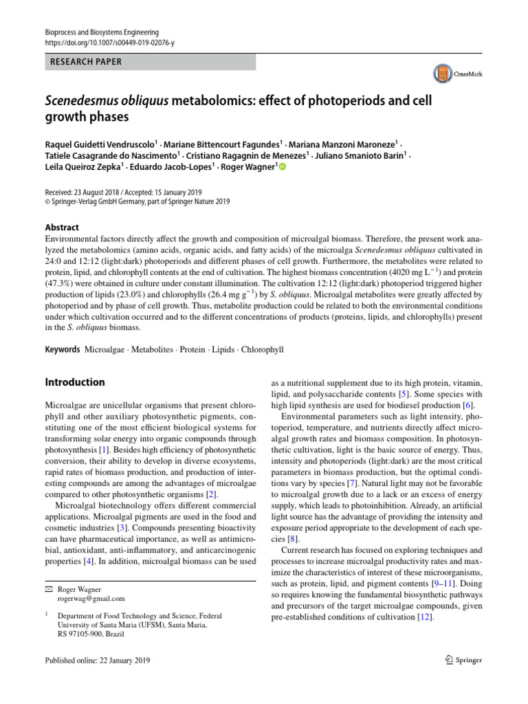 Scenedesmus Obliquus Metabolomics Effect of Photoperiods and Cell | PDF | Gas Chromatography ...