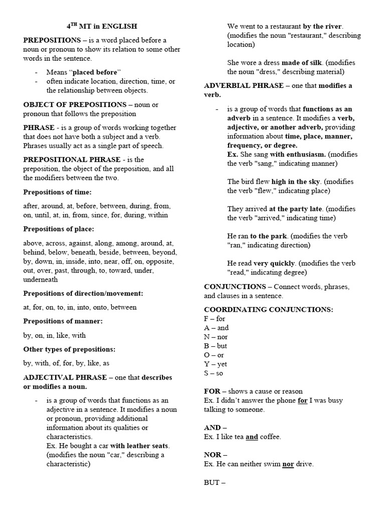 4TH MT in ENGLISH | PDF | Verb | Preposition And Postposition