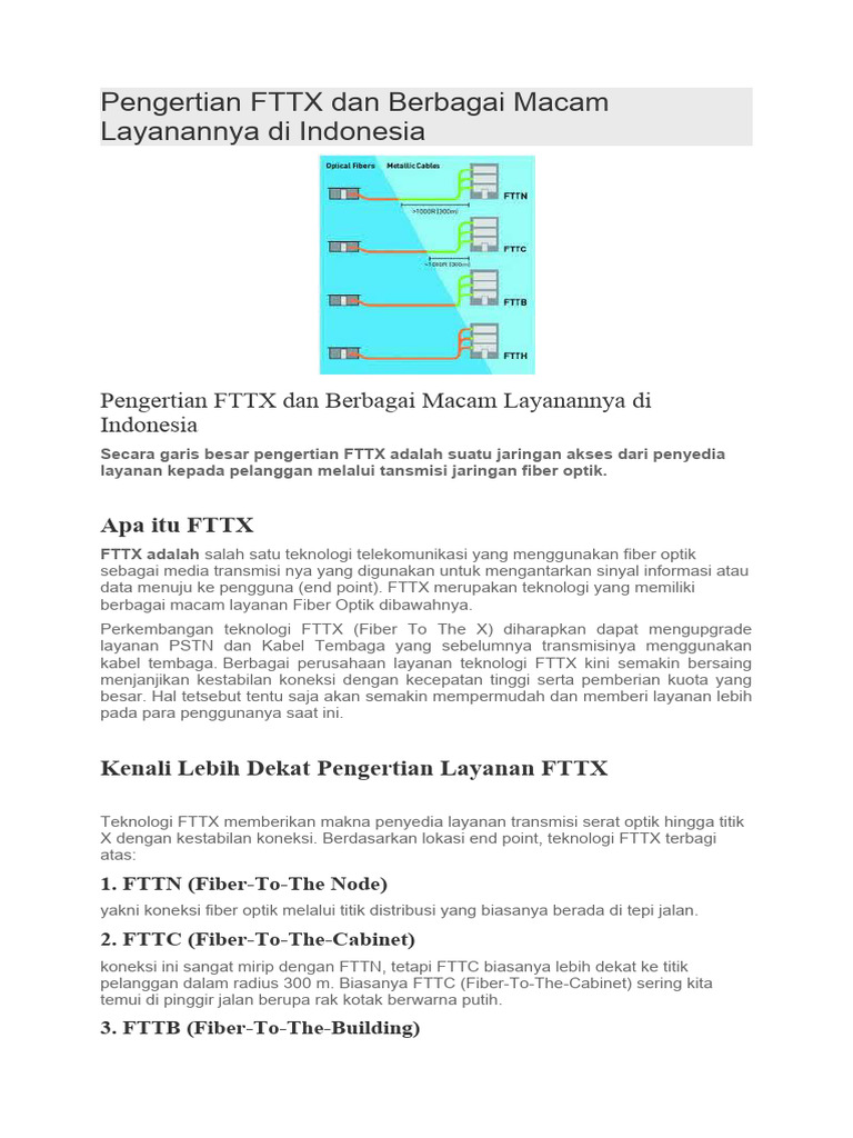 Pengertian FTTX Dan Berbagai Macam Layanannya Di Indonesia | PDF