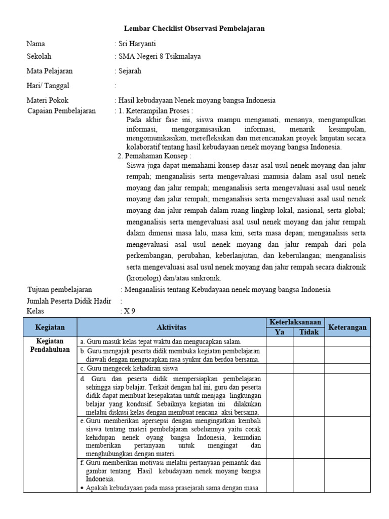 Lembar Checklist Observasi Pembelajaran - Siklus 2 | PDF | Sains ...