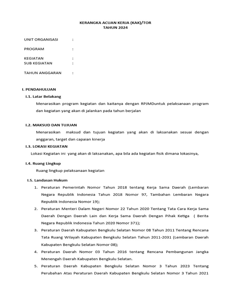 Format KAK-TOR 2024 | PDF | Pengelolaan Keuangan & Uang