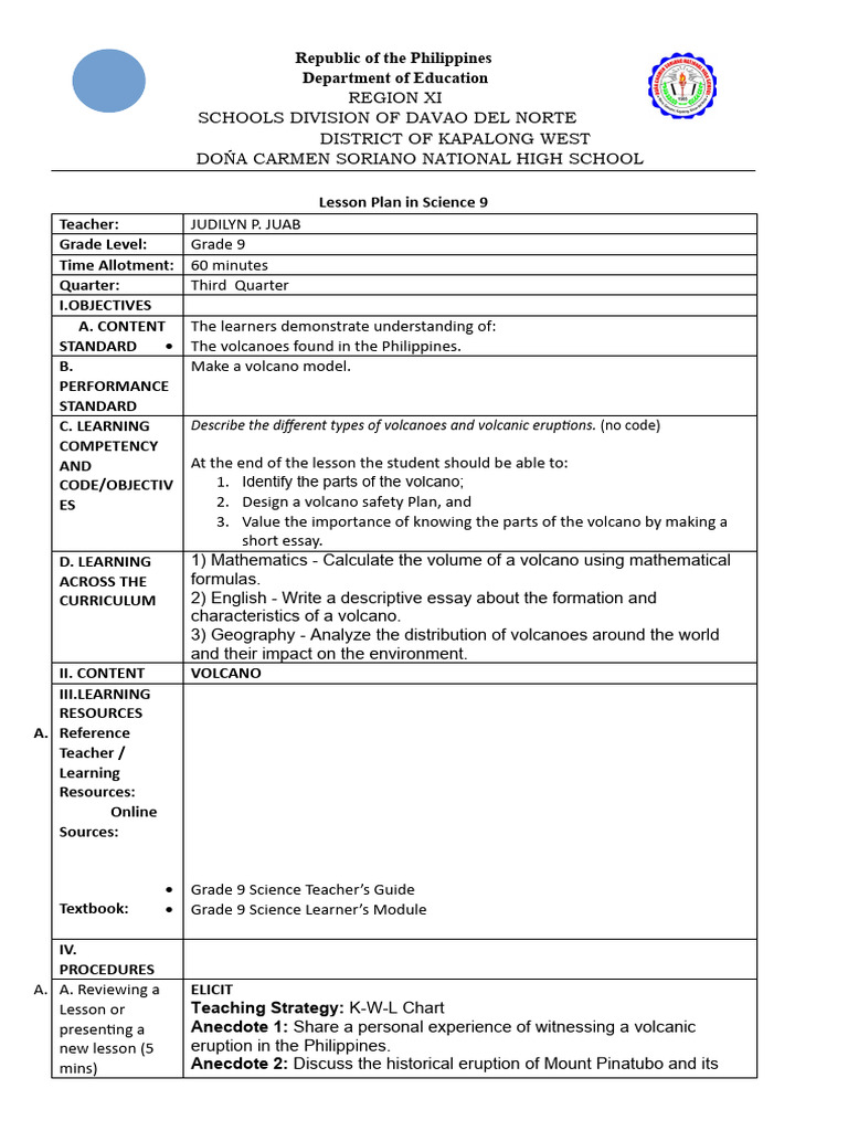 Lesson Plan 3rd Q in Science 9 Week 1 | PDF | Volcano | Types Of ...