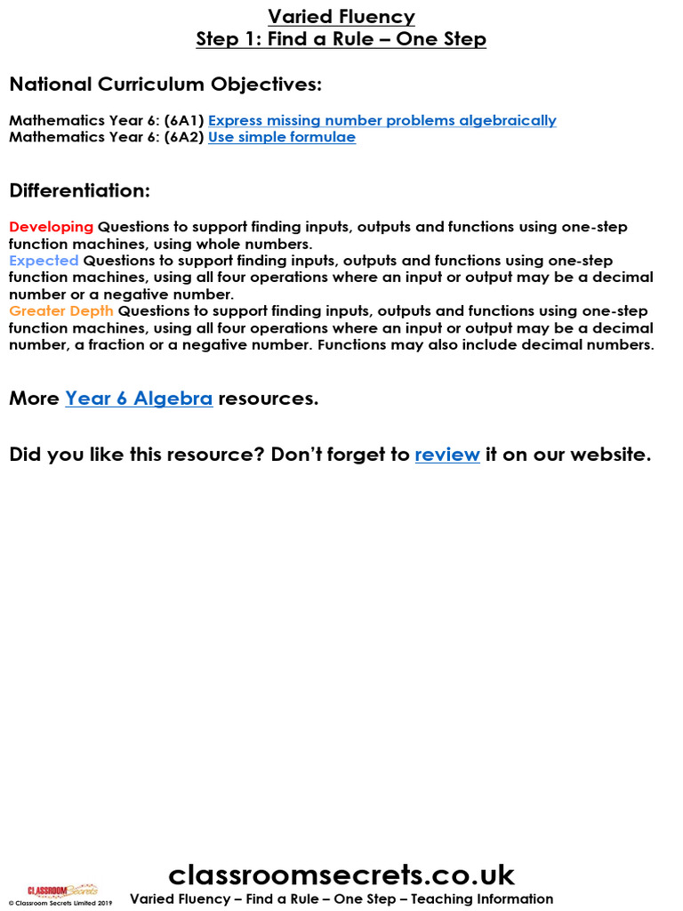 Year 6 Spring Block 3 Step 1 VF Find A Rule One Step | PDF | Numbers ...