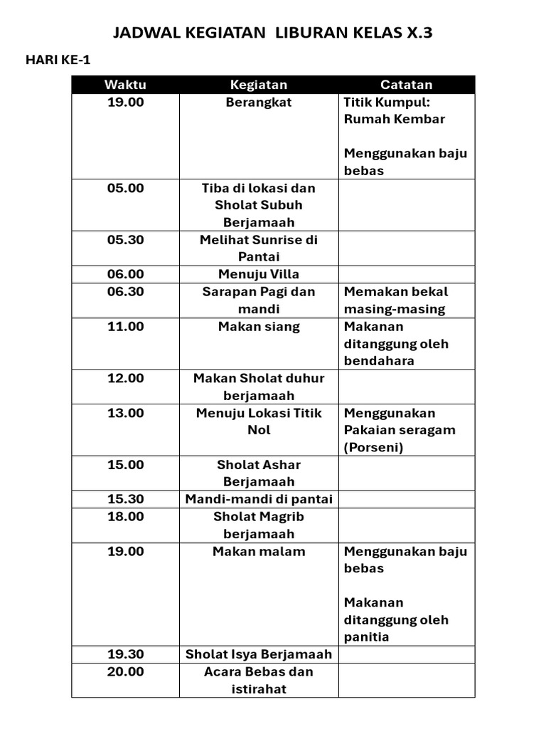 Jadwal Kegiatan Liburan Kelas x.3 | PDF