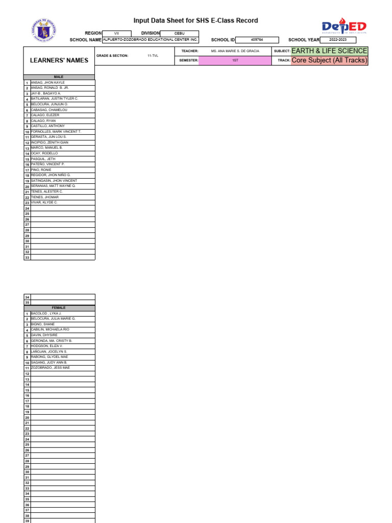 SHS E-Class Record 2022-2023 | PDF