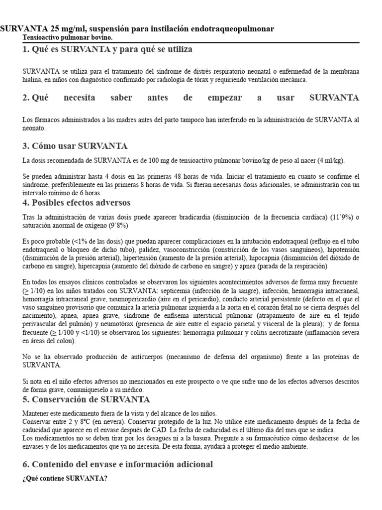 Surfactante Pulmonar para Neonatos: SURVANTA | PDF | Pulmón | Apnea
