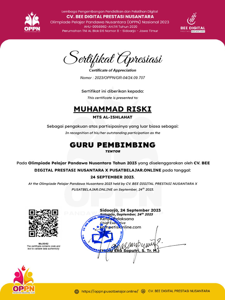 707 - Sertifikat Guru - Muhammad Riski - MTS Al-Ishlahat | PDF