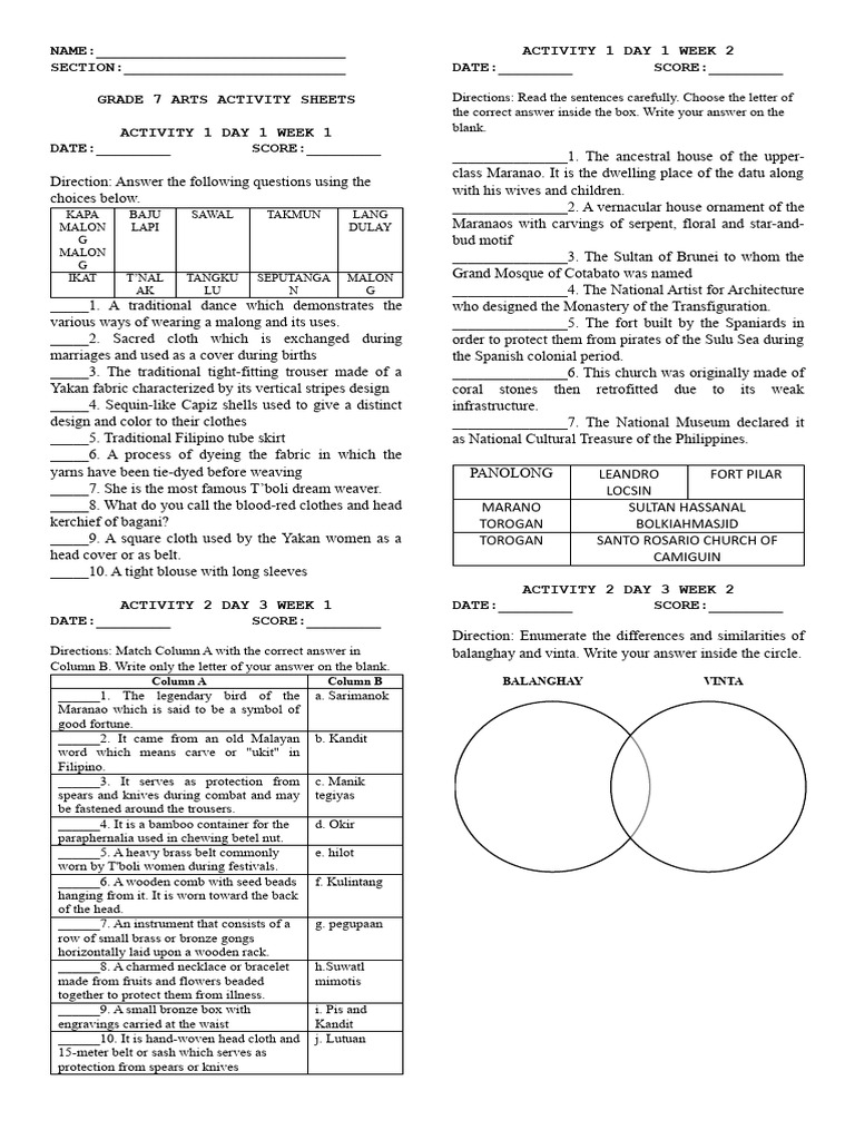 Acitivity Sheet in Arts 7 Q3 | PDF | Softlines (Retail) | Clothing