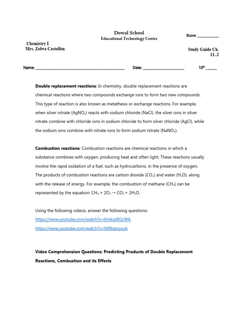 Double-Replacement and Combustion Reactions 1 | PDF | Chemical ...