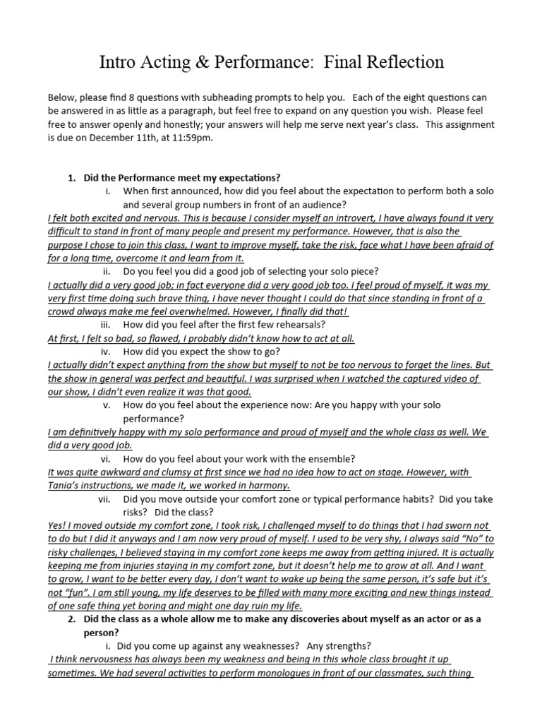 Final Reflection Template- Intro to Acting and Performance 23 (1) | PDF
