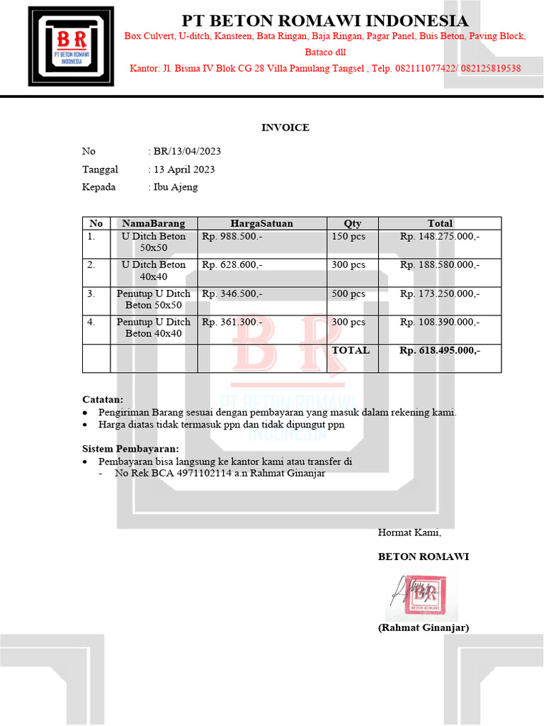 Contoh Format Invoice PT Beton Romawi | PDF