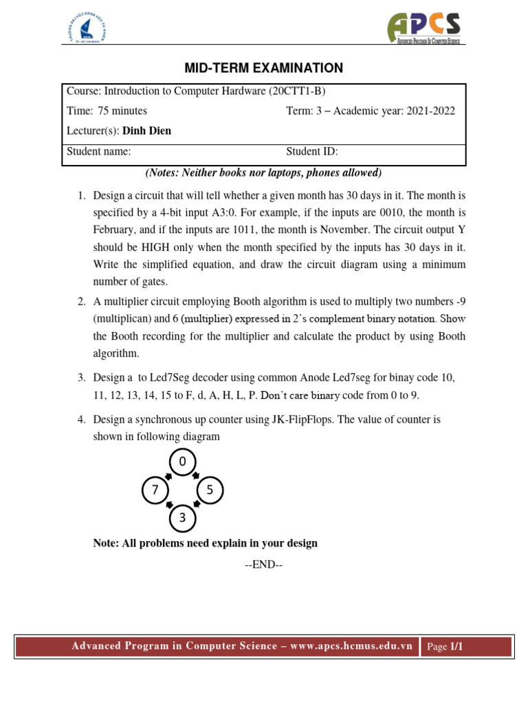 APCS Midterm Examination ECE341 20CTT1 Odd | PDF