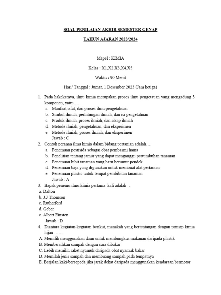 Soal Kimia Kelas X Penilaian Akhir Semester Genap | PDF