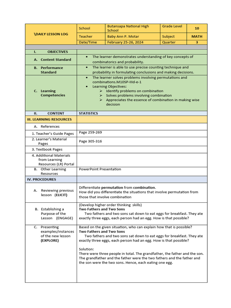 Lesson Plan Math10-Solves Problems Involving Combination | PDF ...